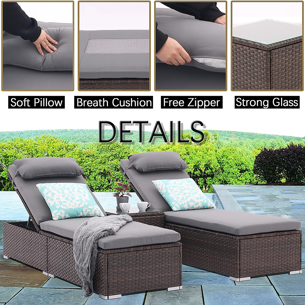 iArtHand 3 PCS Patio Chaise Lounge Outdoor Lounge Chair Patio Reclining Chair with Coffee Table Cushion&Pillow 5 Angle Adjustment PE Rattan Chair for Courtyards Poolside Garden (Coffee-D)