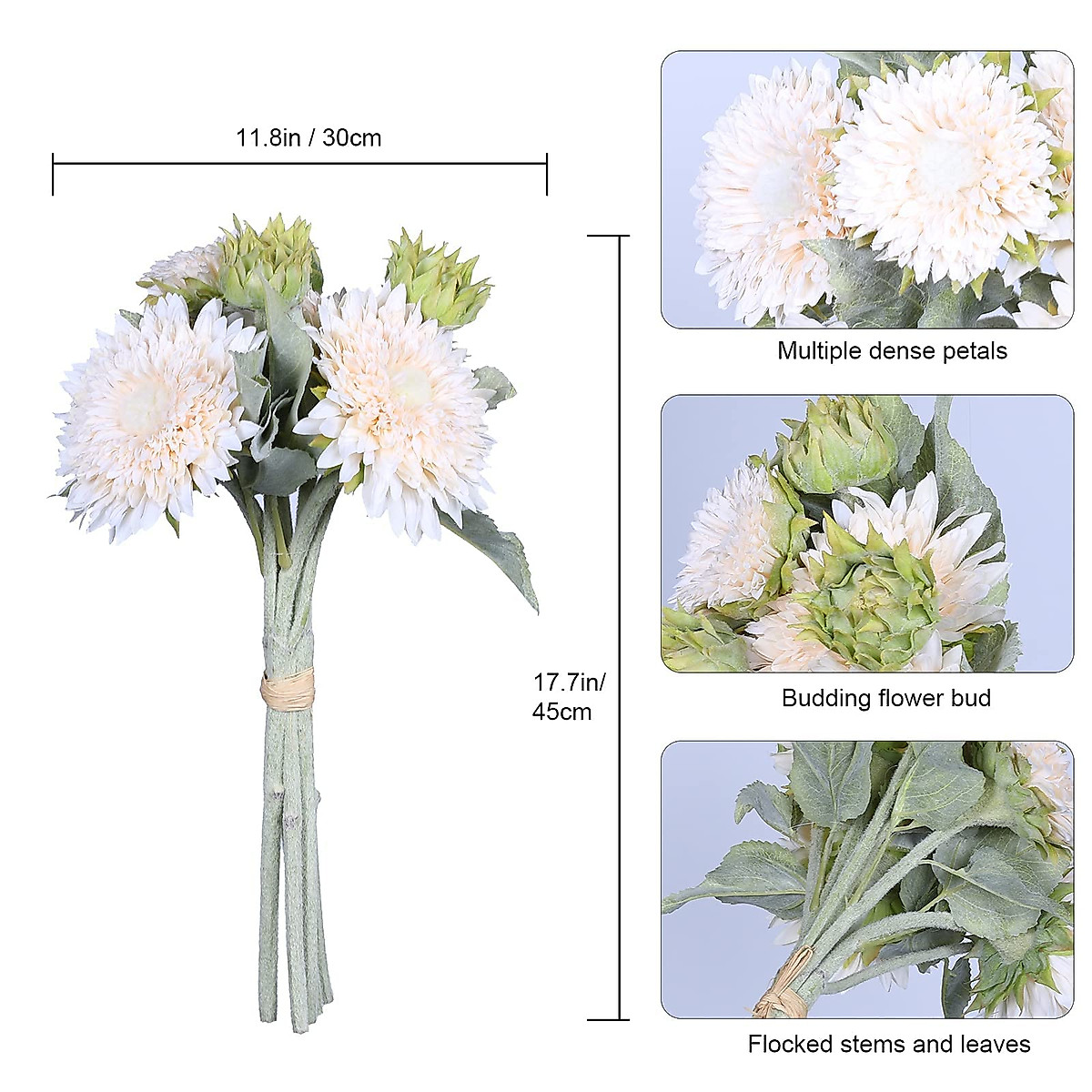 FAKEGREEN Artificial Flowers Silk Sunflowers Bouquet Fake Flower Bushes Floral Arrangements with 5 Stems, 5 Flowers and 3 Buds for Home Baby Shower Centerpieces Party Wedding Decorations (White)