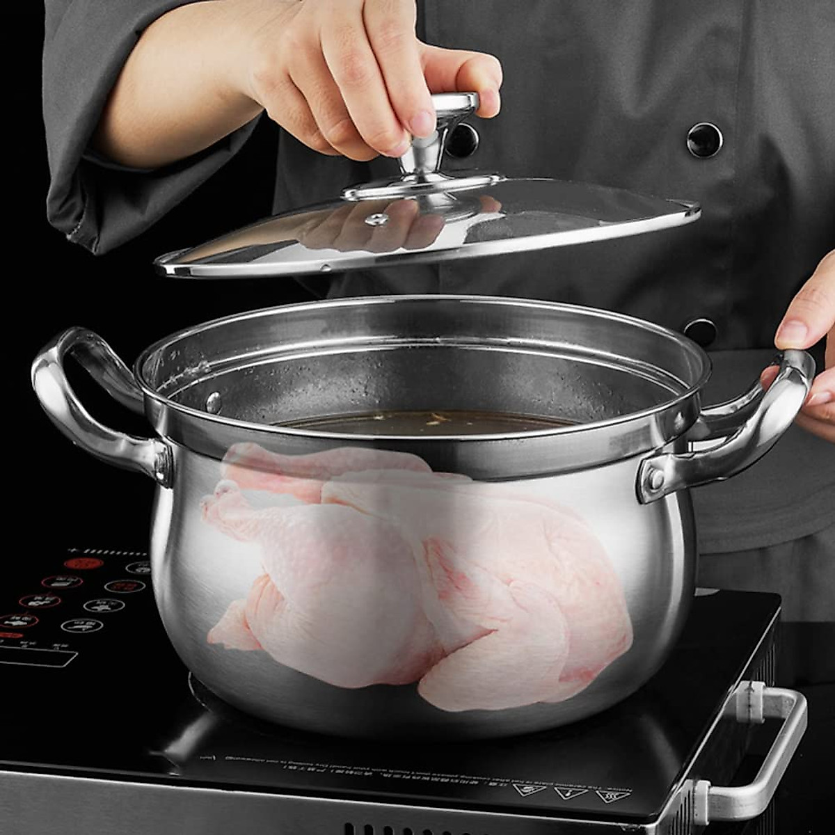 SHERCHPRY Induction Stock Pot Stainless Steel Saucepan with Glass Lid Classic Cookware Sauce Pan Cooking Pot for Boiling Milk Sauce Gravies Pasta Noodles 24CM Stainless Steel Stock Pot