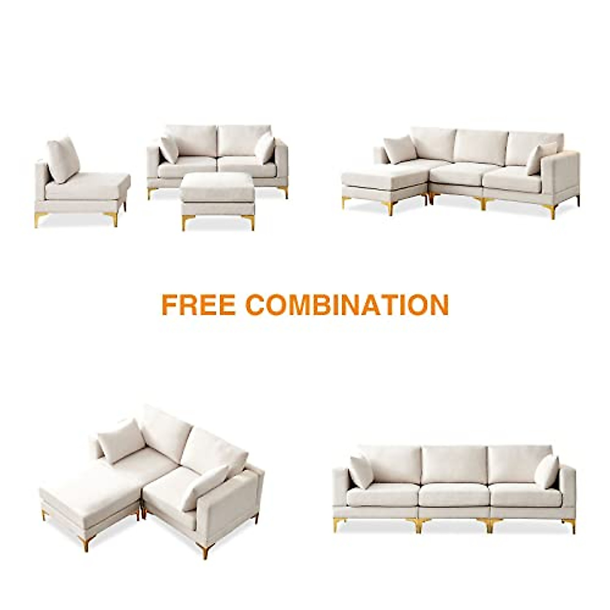 Yoglad Modern 3 Seat Sectional Sofa, Contemporary Couch, Sofa with Pillow, Lounge Chaise L-Shape Couch with Gold Metal Legs, Free Combination, Furniture for Living Room (Beige, 92" Polyester)