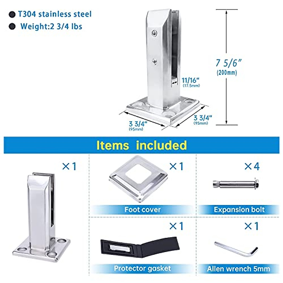 PHASFBJ 10pcs Stainless Steel Square Glass Clamp, Pool Fence Balustrade Post Clip, for Balcony Garden Deck, Balcony, Railings, Floor-Standing Heavy Duty Stainless Steel Stand,Silver