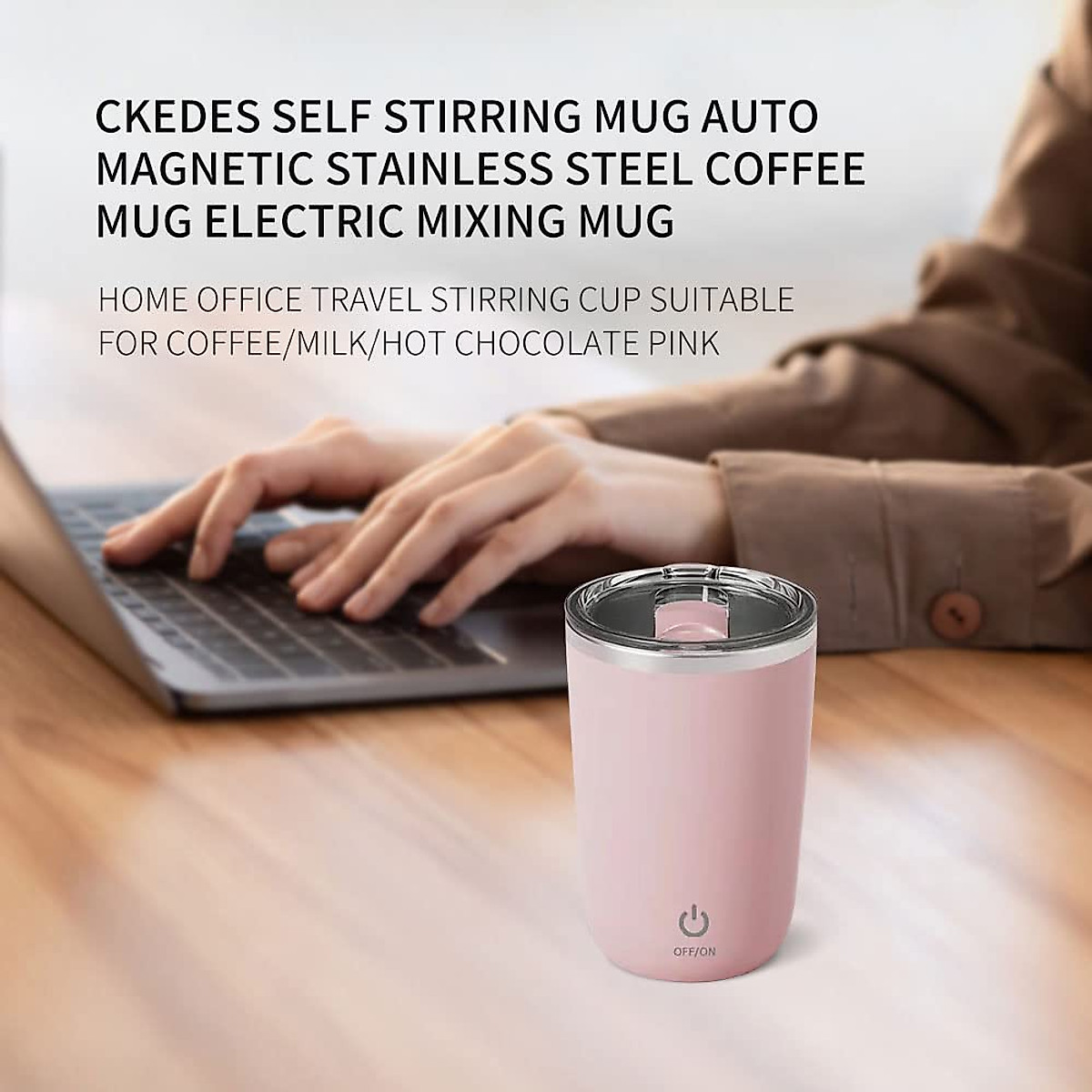 Ckedes Self Stirring Mug Auto Magnetic Stainless Steel Coffee Mug Electric Mixing Mug Home Office Travel Stirring Cup Suitable for Coffee/Milk/Hot Chocolate Pink