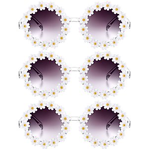 Frienda 3 Packs Retro Daisy Sunglasses for Women Flower Round Disco Sunglasses Novel Floral Glasses for Adult kids (Light Purple)