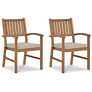 Signature Design by Ashley Janiyah Outdoor Acacia Wood Arm Chair & Cushion Set, 2 Count, Light Brown