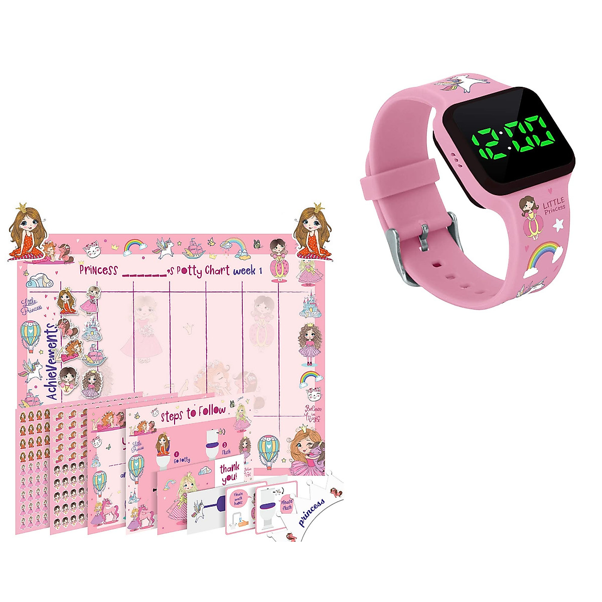 ATHENA FUTURES Potty Training Count Down Timer Watch - Princess Pink and Potty Training Chart for Toddlers - Princess Design