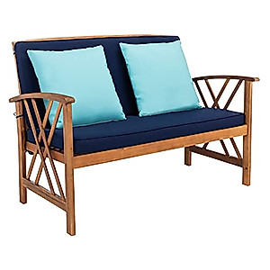 SAFAVIEH Outdoor Collection Fontana Natural/ Navy Cushions/ Blue Pillows 4-Piece Conversation Patio Set