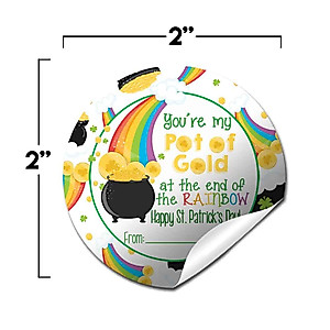 Pot of Gold Rainbow St. Patrick’s Day Gift Tag Sticker Labels, 40 2" Party Circle Stickers by AmandaCreation, Great for Party Favors, Envelope Seals & Goodie Bags