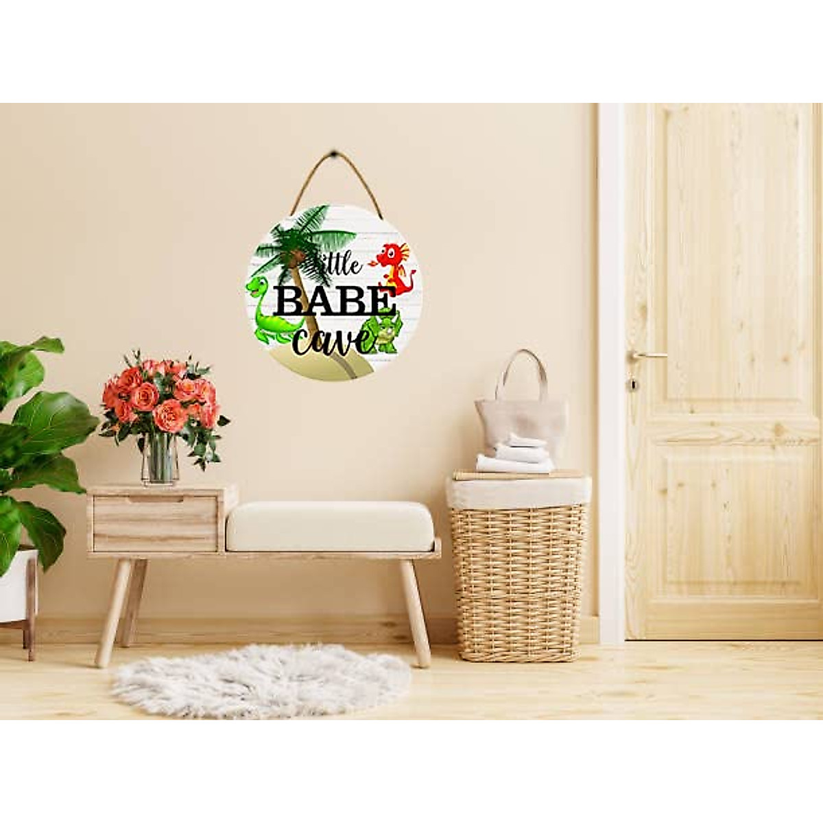 KPSheng Dinosaur Door Decor Plaque, Little Babe Cave Wooden Sign Door Hanger Nursery Decoration for Boys, Wood Wall Hanging Wreath for Toddler Kids Room Bedroom Playroom, 12 x 12 Inch