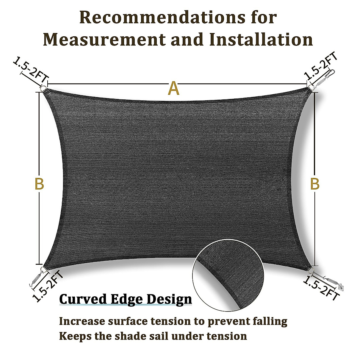 Shade&Beyond 12'x12' Sun Shade Sails Curved Canopy Rectangular Dark Grey 185GSM Shade Sail Permeable for Patio Deck Yard Backyard, (We Make Custom Size)