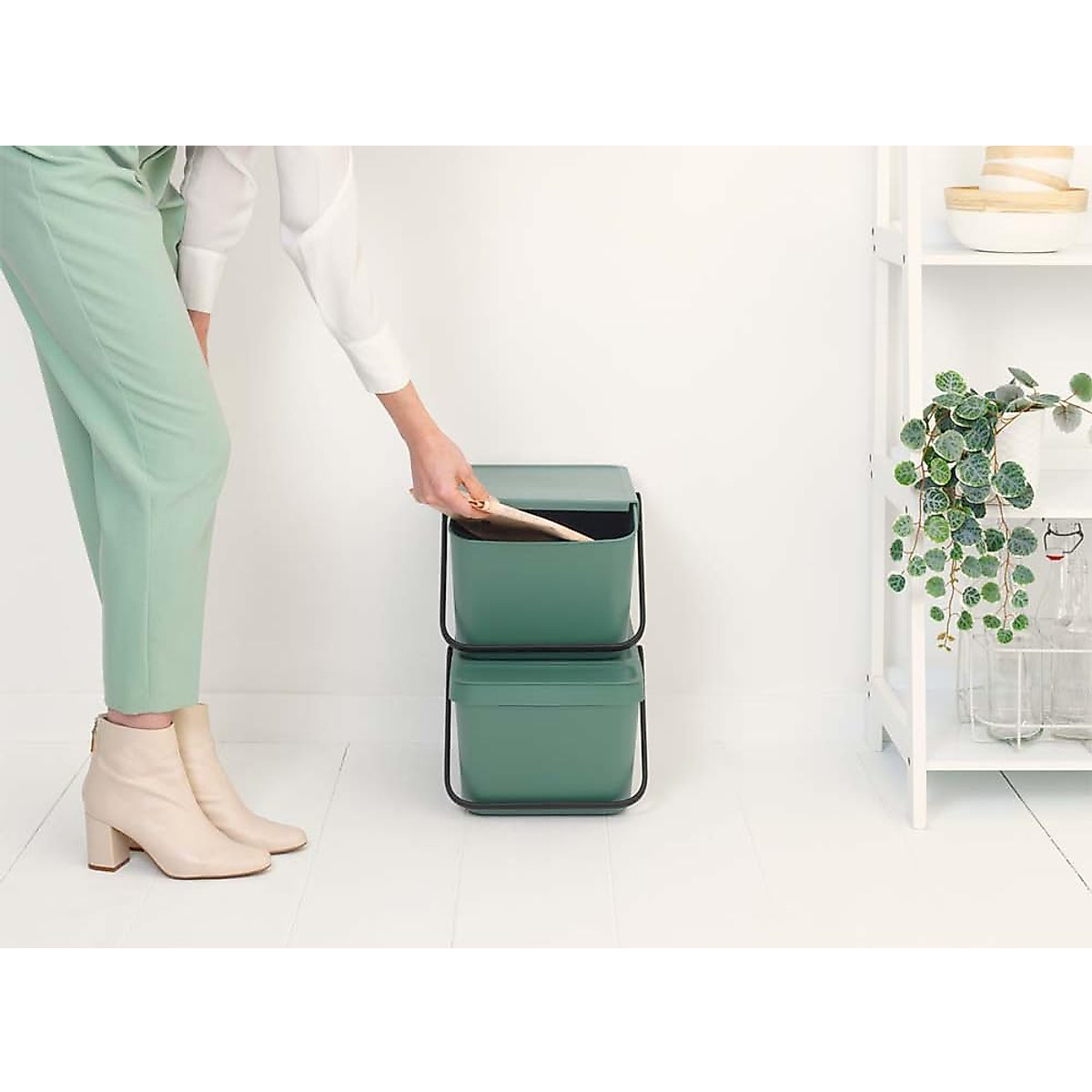 Brabantia Sort & Go Stackable 5.3 Gallon Recycling Wastebasket (Fir Green) Flat Top Trash Can with Carry Handle, Storage Bin, Paper Basket - 11 x 17.7 x 8.9 inches