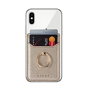 Lnobern Premium PU Leather Phone Card Holder Stick with RFID On Wallet with Ring Kickstand for iPhone and Android Smartphones (Gold)