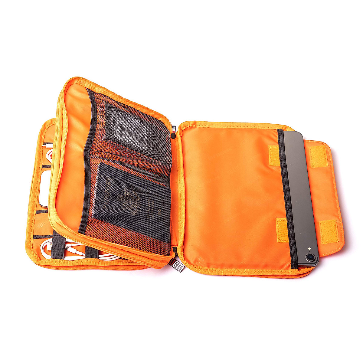 Three Layer Electronics Organizer and Travel Organizer for Tablet, Cables, and Chargers. Size XL Fit up to 10" Tablets. (Grey and Bright Orange)