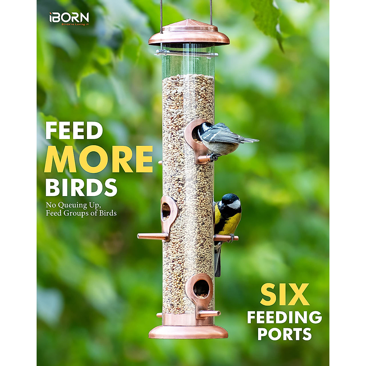 iBorn Metal Bird Feeders Brushed Copper Wild Bird Feeder for Outdoors Hanging All Metal Brushed Copper Finishing 14 Inch 6 Port(Seed is not Included)