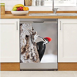 Dishwasher Magnet Cover Male Pileated Woodpecker Winter Magnetic Refrigerator Stickers Decorative Appliance Cover Fridge Panels Metal Door Garage 23x26in Creative Gift Idea for Bird Lovers