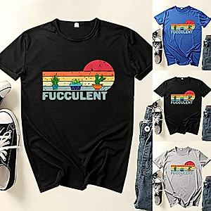 wodceeke Women Cute Potted Print Short Sleeve Round Neck T-shirt Solid Color Casual Tee Summer Sports Tops (Black, S)