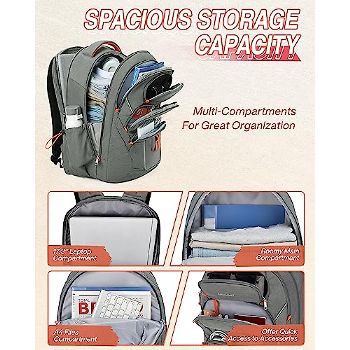 BAGSMART Large Travel Backpack for Women Men,Laptop Backpack Flight Approved Carry On Computer Bag Fits 17 Inch Laptop,Water Resistant Outdoor Backpack for Hiking Business,Grey