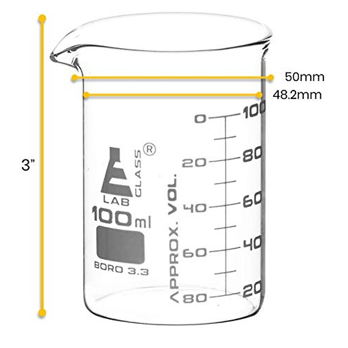 EISCO (Pack of 12) Beakers, 100ml - ASTM - Low Form with Spout - Dual Scale, White Graduations - Borosilicate 3.3 Glass