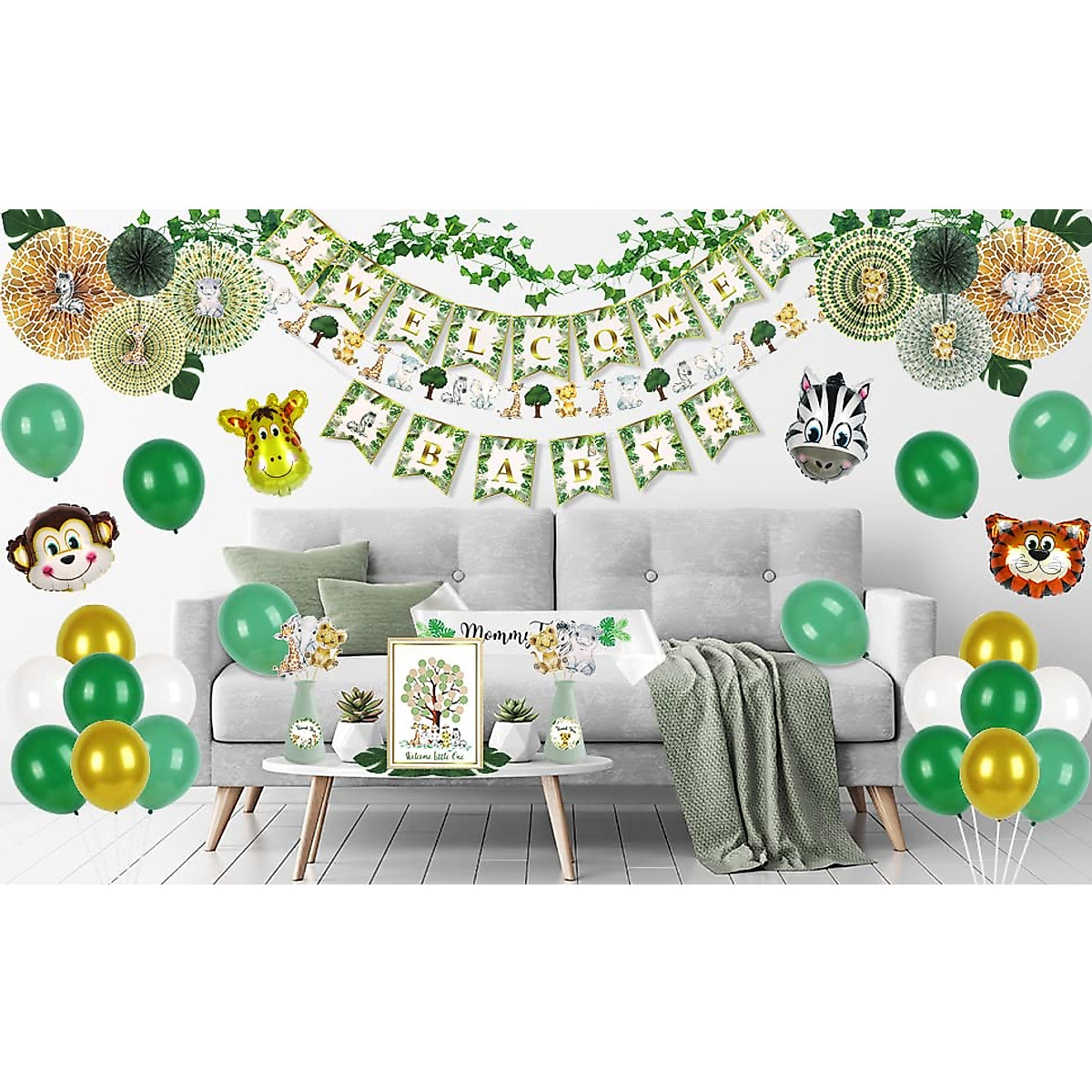 270 Piece Jungle Safari Baby Shower Decorations for Boy Or Girl Kit | Gender Neutral Animal Decor | Banners Garland Fans Guestbook Sash Balloons Cake Topper Games Stickers Creature Cutouts Ivy Vines