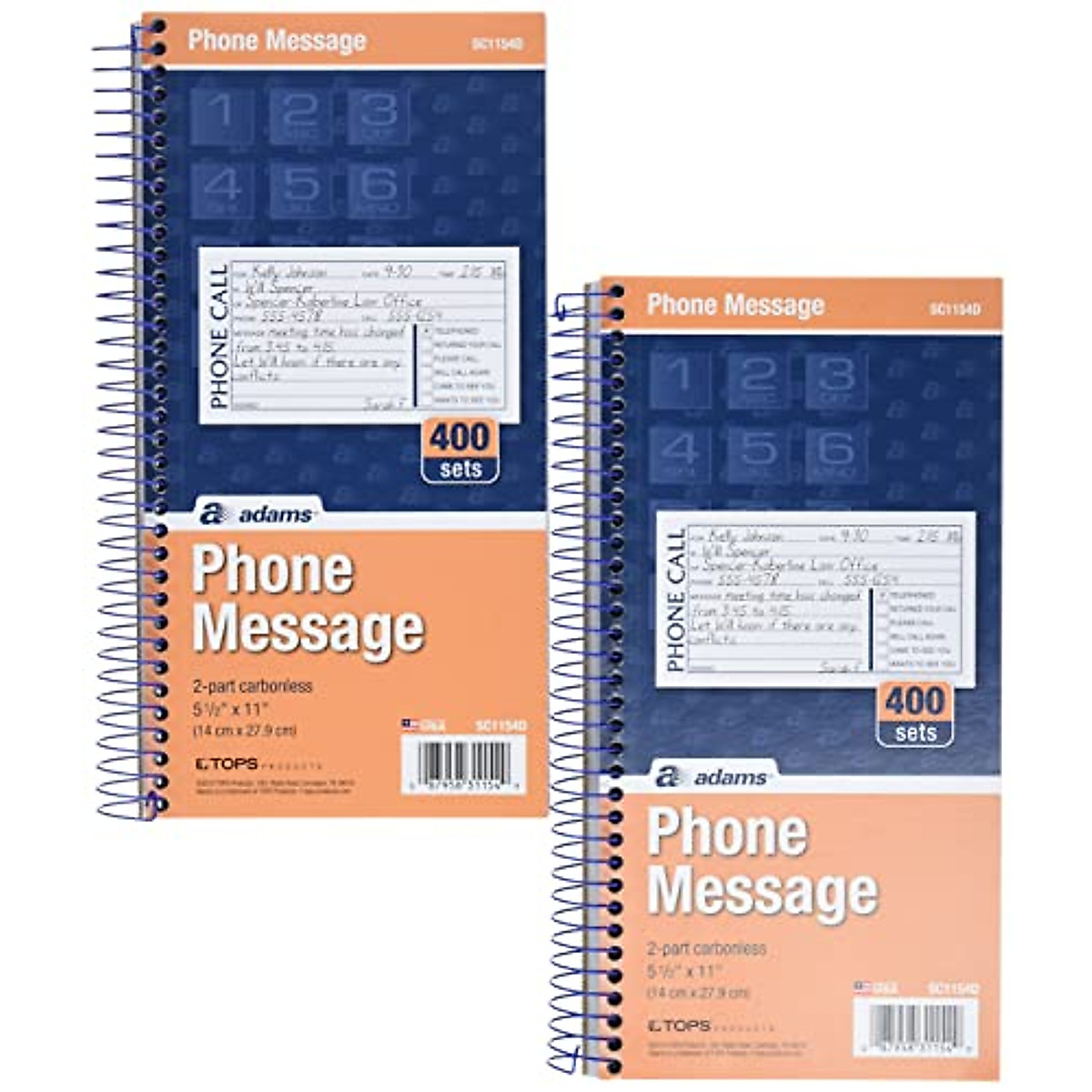 Adams SC1154-2D Phone Message Book, 5.25 x 11 Inch, Spiral Bound, 2-Part, Carbonless, 4 Messages per Page, 400 Sets, 2-Pack, White and Canary (S1154-2D)