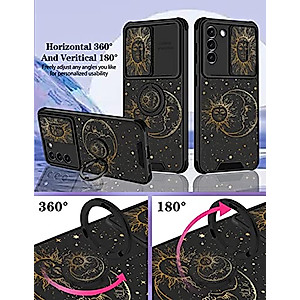 Goocrux (2in1 for Samsung Galaxy S21 Case Sun and Moon Stars for Women Girls Cute Space Phone Cover with Slide Camera Cover+Ring Holder Fashion Golden Print Design Cases for Galaxy S21 5G 6.2''