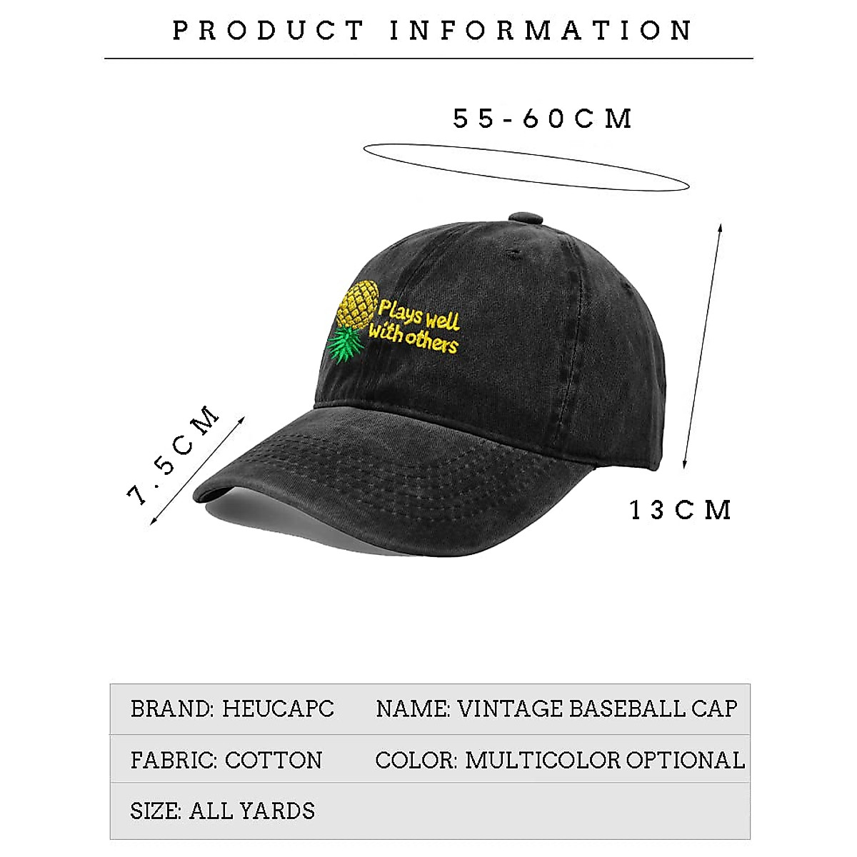 Embroidered Baseball Hat Plays Well with Others Caps Upside Down Pineapple Baseball Cap Adjustable Embroidery Denim Hats