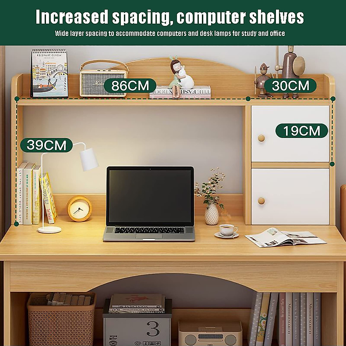 QQXXWood Study Desk with Chair and Bookshelf,k-i*ds Desk and Chair Set, Study Table Teenager Desk,Wooden Computer Desk with Hutch,Cute Writing Table for Girls Boys,Modern Office Desk