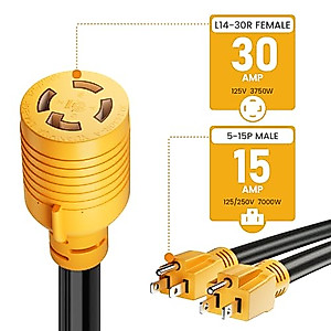 MECMO 2X 5-15P Male Plug to L14-30R 4-Prong Generator Twist Lock Female Receptacle Y Adapter Cord, 3Ft Generator Distribution Cord, 10 AWG STW 4 Prong Twisit Locking Generator Outlet 30Amp 125V / 250V