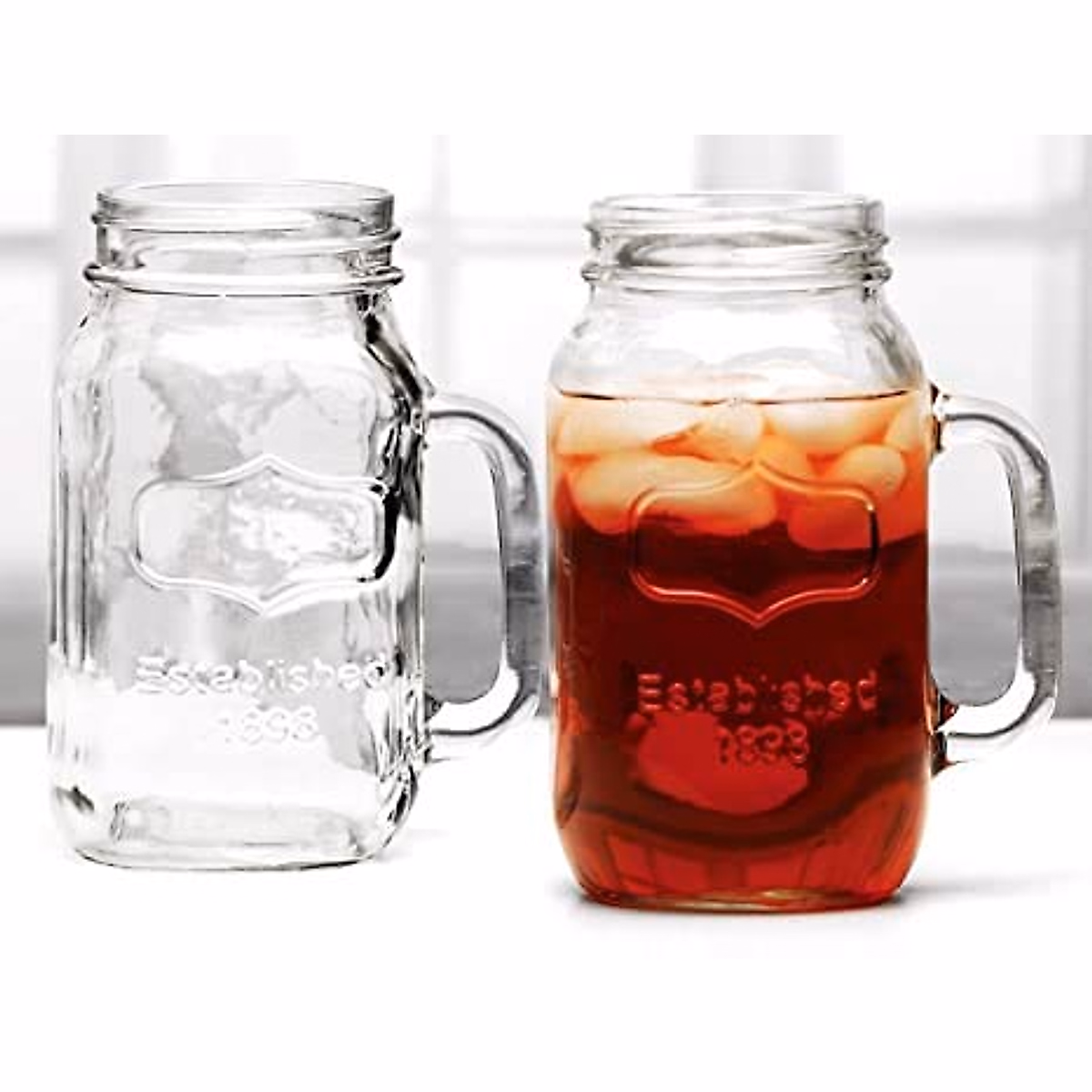 Mason Glass Drinking Mugs w Handle & Tin Lids (set of 4) Gift Idea With Embossed Established Date Logo,For Coffee,Juice, Punch, Dessert, Small Cakes, or Any Beverage 16oz. Comes Perfectly Boxed
