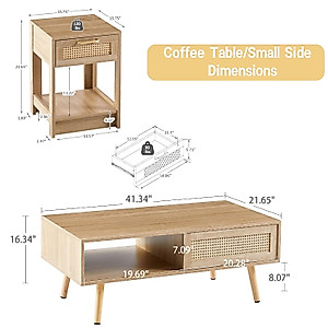YOUGUO Wood Living Room 3-Piece Table Sets, includes 1 Boho Rattan Coffee Table & 2 End Side Tables Nightstand, Coffee Table and End Table Sets for Living Room Accent Furniture