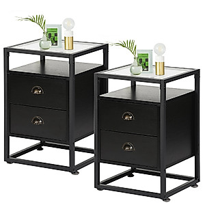 VECELO Nightstand,Glass Side End Table with Drawer and Shelf for Living Room,Bedroom,Lounge, 2PCS, Black