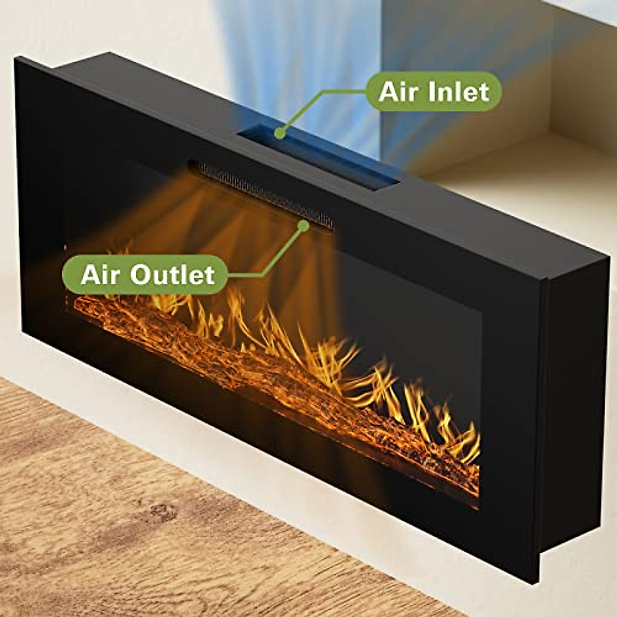 Hykolity 36 inch Electric Fireplace Inserts, 750/1500W Recessed and Wall Mounted Electric Fireplace, Electric Wall Fireplace Heater with Remote Timer, Touch Screen, Log/Crystal Hearth Options