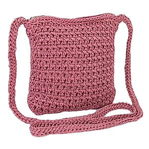 HatQuarters Boho Crochet Crossbody Handbag, Organizer Sling Bag, Small Crocheted Hippie Purse (Rose)