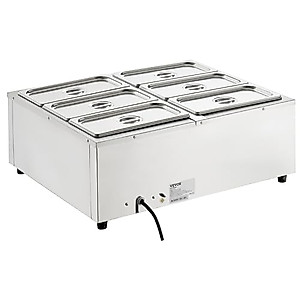 VEVOR 6-Pan Commercial Food Warmer, 6 x 8QT Electric Steam Table, 1200W Professional Countertop Stainless Steel Buffet Bain Marie with 86-185°F Temp Control for Catering and Restaurants, Silver