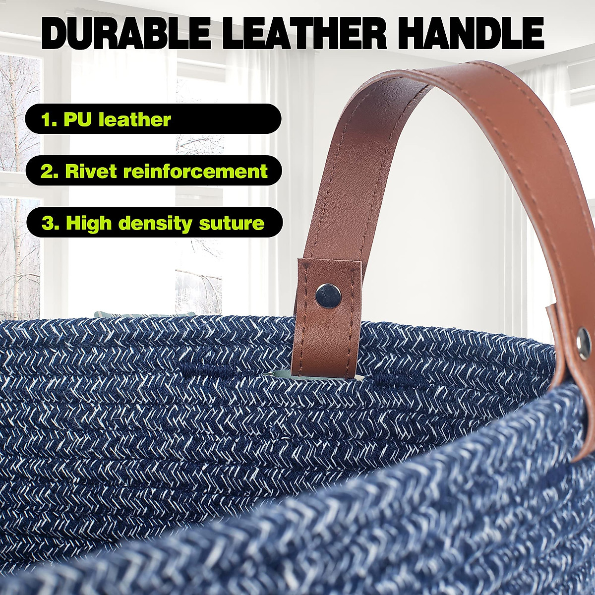 Twira Extra Large 20x16 Inches Cotton Rope Basket, Woven Baby Laundry Blanket Basket with Leather Handle Toy Basket Storage Baskets Bin for Yoga Mat & Towel (Blue）