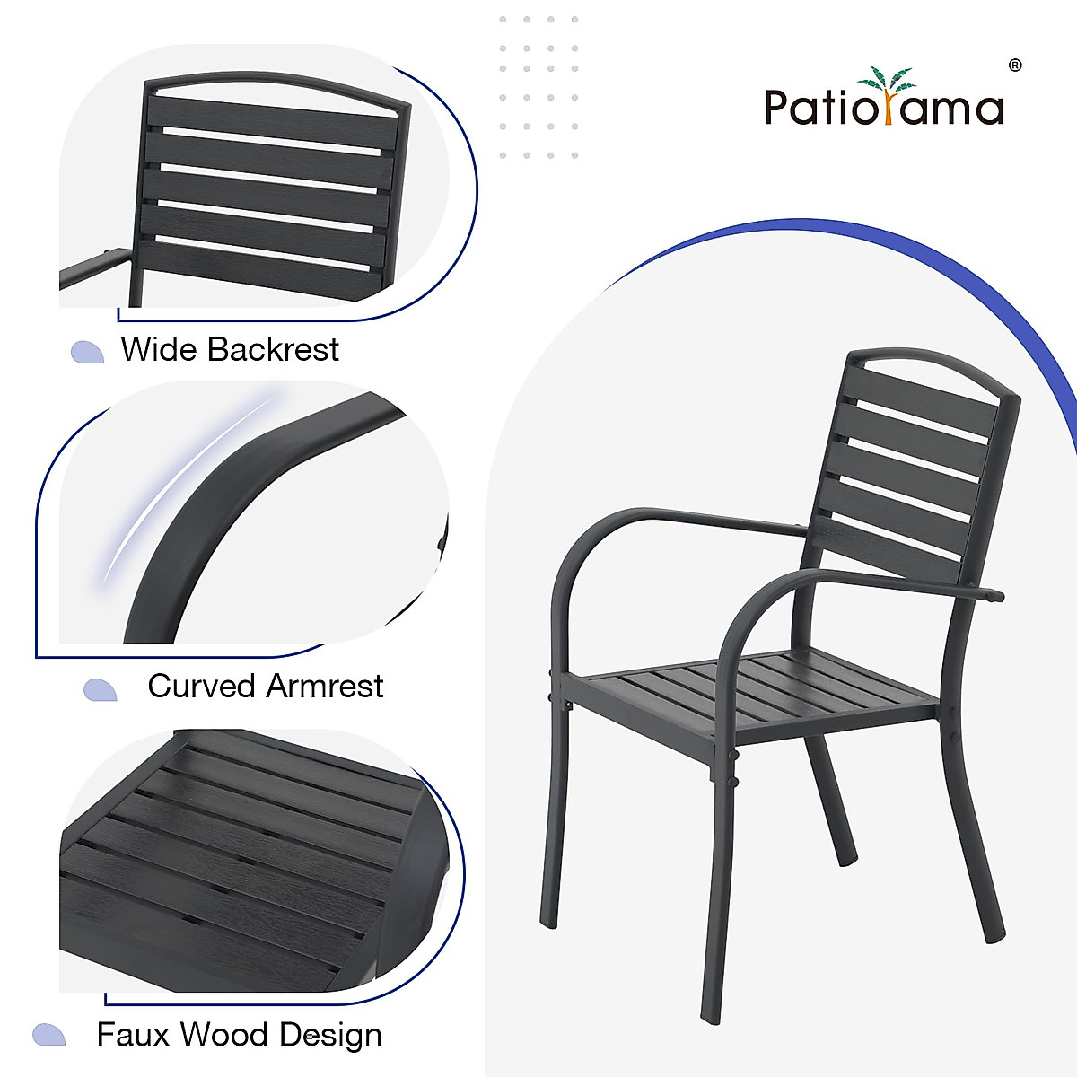Patiorama Aluminum Outdoor Dining Chairs Set of 4, Stackable Outdoor Patio Chairs Set of 4, All-Weather Bistro Chair with Armrest, Faux Wood Outdoor Dining Chairs for Indoor Yard Garden-Black