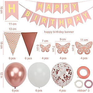 Rose Gold Birthday Decorations for Women, Happy Birthday Banner for Girls' Party Decorations with Balloons, Pennant Banner Flags and Rose Gold Butterfly Decorations