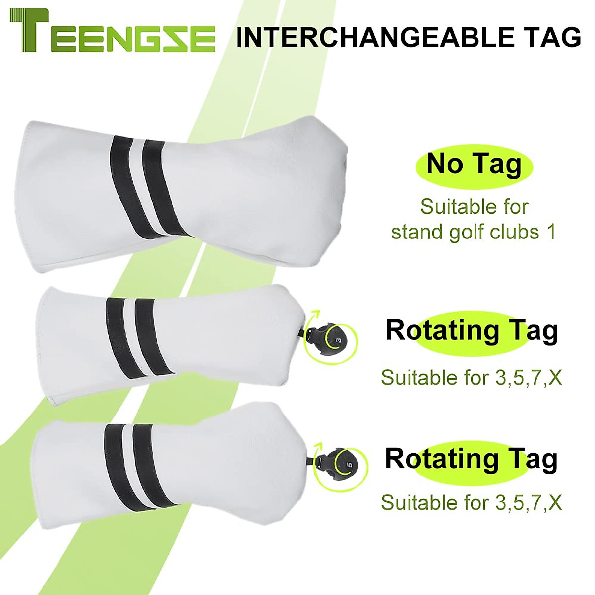 TEENGSE 3PCS PU Leather Golf Cover, Golf Club Head Covers Set with Classic Stripes for Protecting Wood Hybrid Golf Clubs, Waterproof and Lightweight