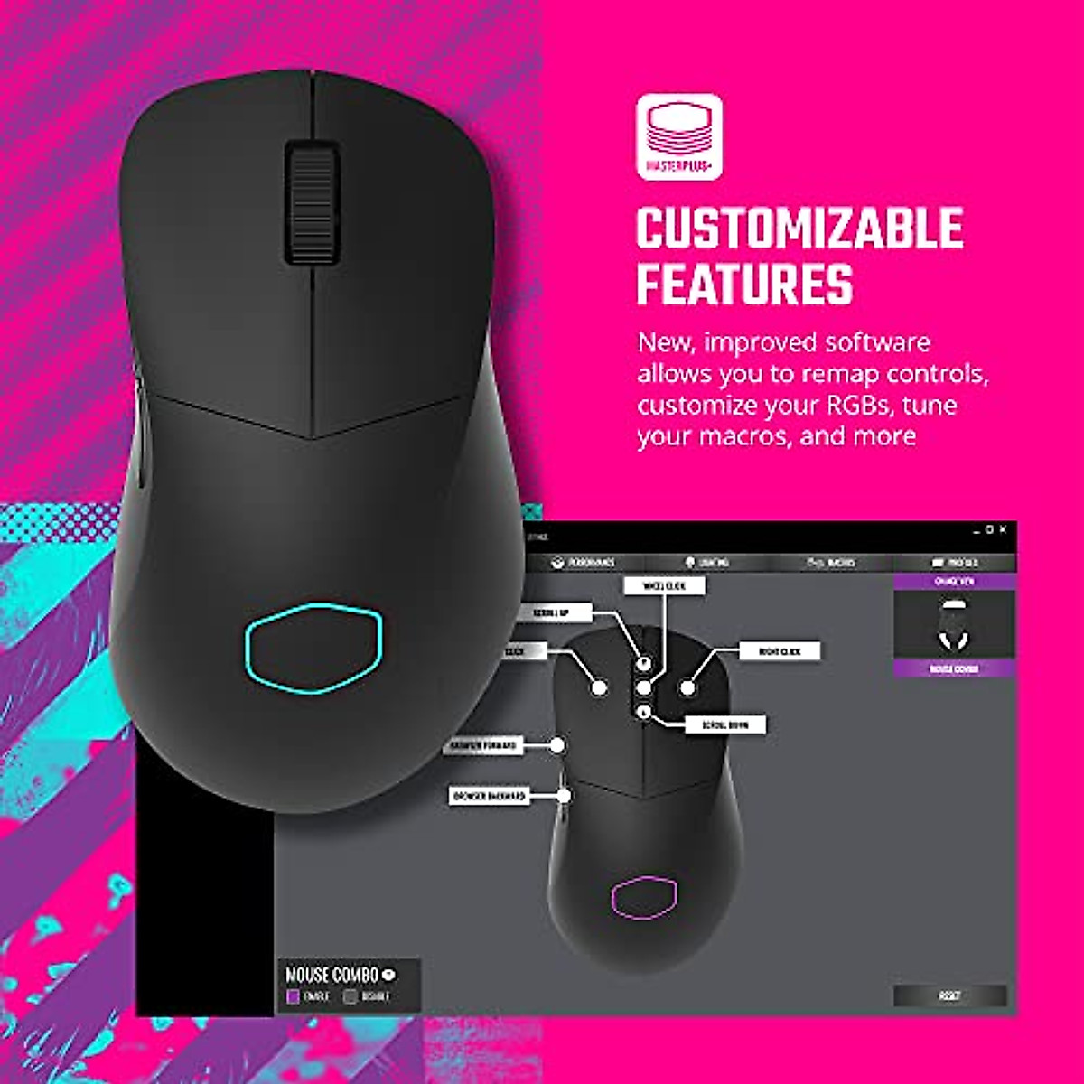 Cooler Master MM731 Wireless Gaming Mouse Black, Adjustable 19,000 DPI, Palm|Claw Grip, 2.4GHz|Bluetooth, PixArt Optical Sensor, Ultraweave Cable, PTFE Feet, RGB Lighting (MM-731-KKOH1)