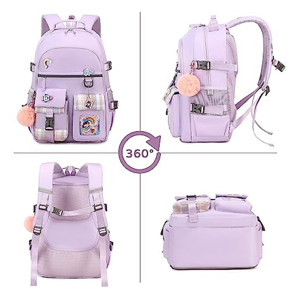 Hey Yoo Cute School Backpack for Girls Backpack for School Bag Kids Backpacks for Girls Kawaii Bookbag for Teen Girls (Purple)