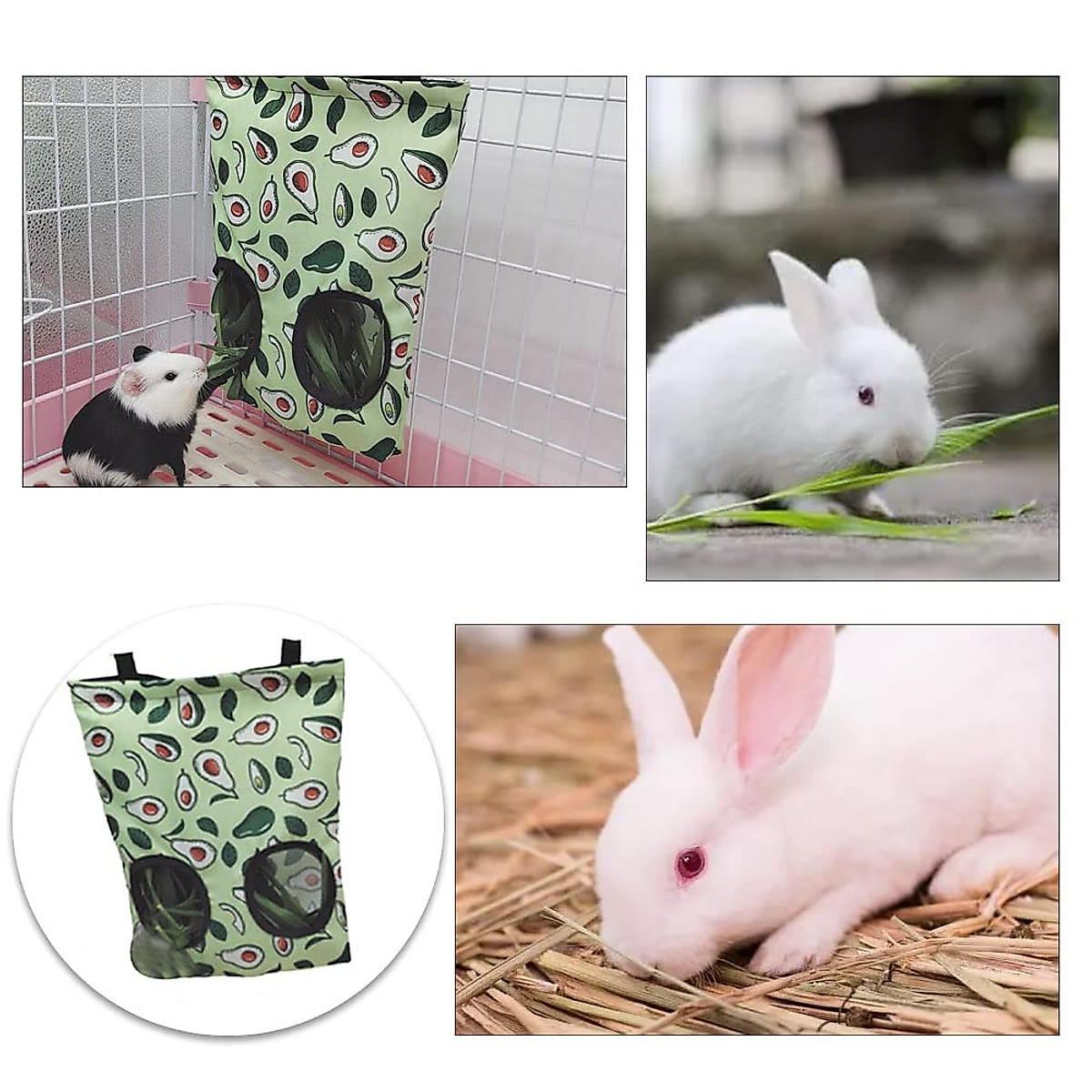 LELEVTXP Pig Guinea Hay Feeder Rabbit Feeder Hanging Rabbit Hay Feeder Bag Foldable Hay Storage Bag for Rabbit Guinea Pig Hamster Chinchilla (Avocado-2 Holes)