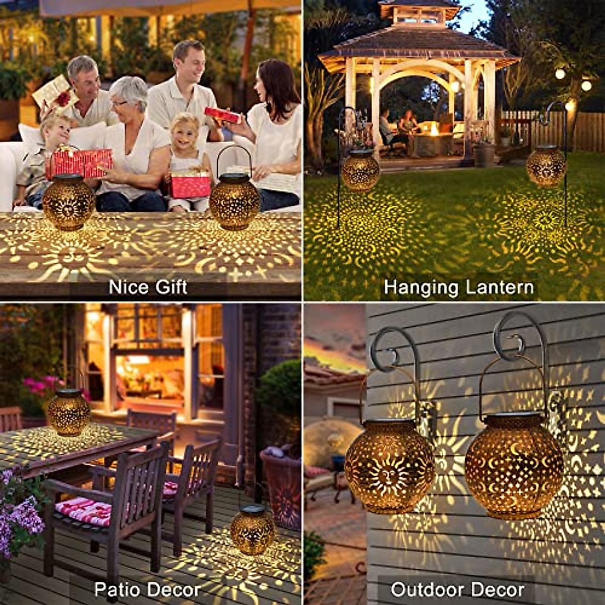 2Pack Solar Garden Lanterns Outdoor Hanging Lights Decorative Metal Moon Star Sun Solar Lanterns for Patio, Yard, Table, Pathway Decoration Waterproof (Bronze)