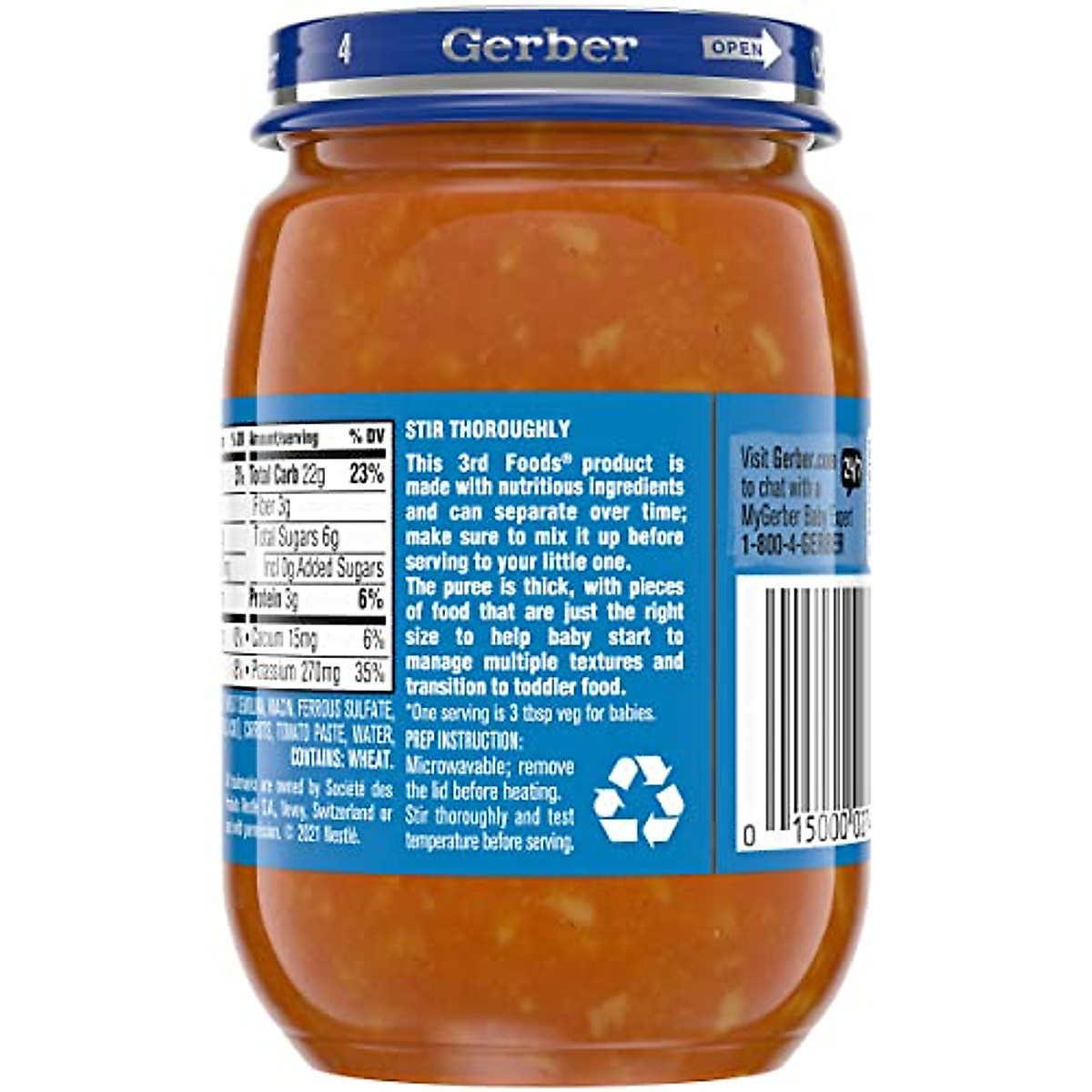Gerber Mealtime for Baby 3rd Foods Veggie Power Baby Food Jar, Pasta Marinara, Non-GMO Pureed Baby Food for Crawlers, 6-Ounce Glass Jar (Pack of 12 Jars)
