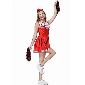 GRAJTCIN Womens Cheerleader Costume High School Girl Halloween Party Cheerleading Outfit with Pom Pom(Large, Red)