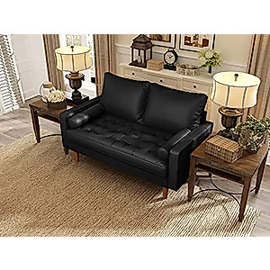 Meeyar 58" PVC loveseat, Couch for Small Apartment and Living Room,Solid Wood Frame Legs, Easy Assembly,Square Arms,31.7" D x 57.9" W x 33" H (Black, 58")