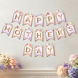 Pink Flower Happy Mother's Day Banner for Mothers Day Party Decoration Fishtail Flag Banner for Mother Party Supplies