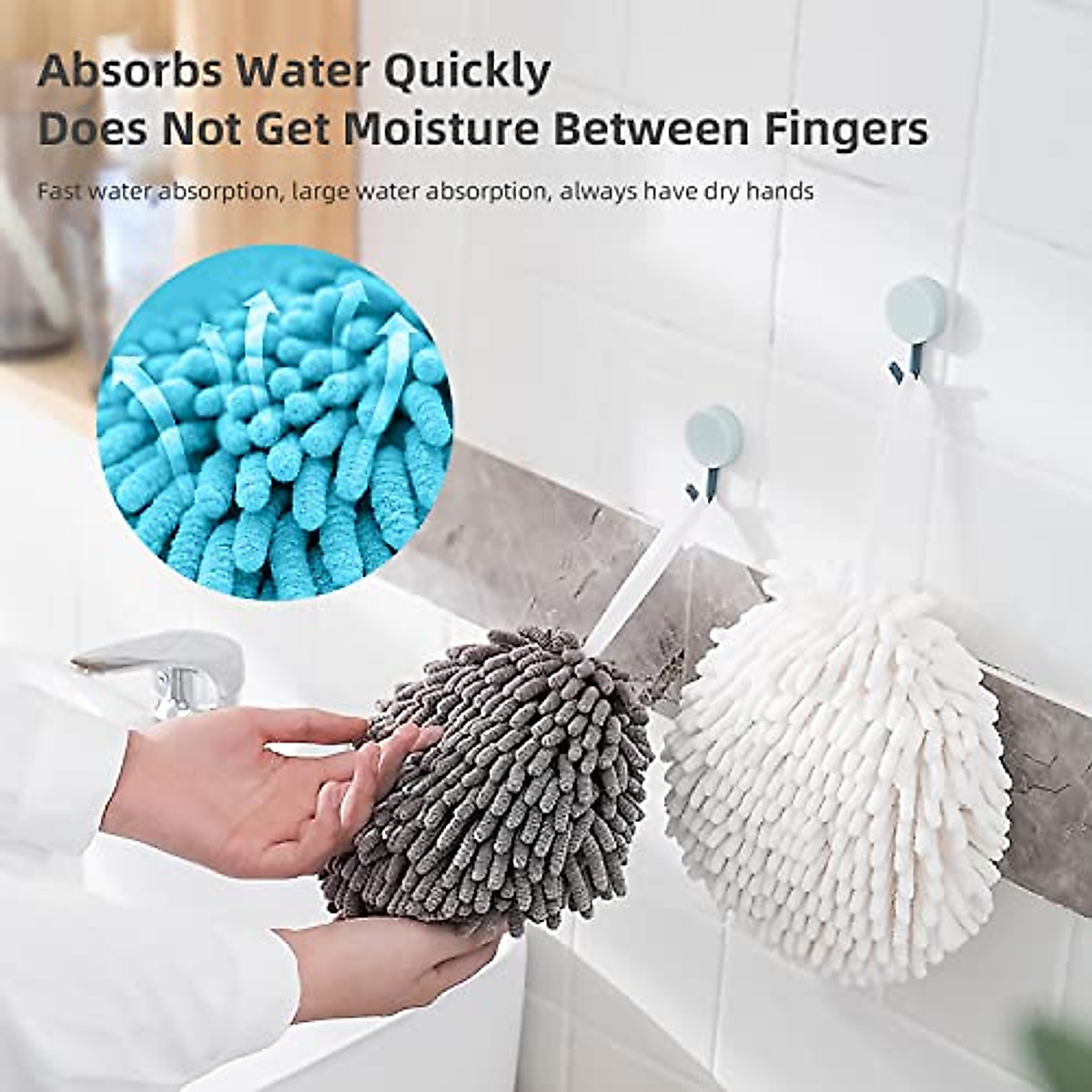 TYUI Chenille Hand Towel Ball,Soft Absorbent Chenille Ball Towel Sets,Microfiber Quick Drying Hands Towels for Bathroom/Kitchen3 Pack(White+Gray+Blue)