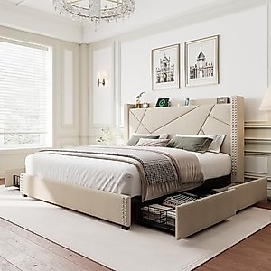 iPormis King Storage Bed Frame with Type-C & USB Ports and 4 Drawers, Minimalist Geometric Wingback Headboard & Rivet Design, No Box Spring Needed, Beige