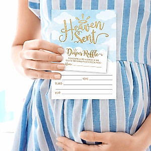 Hadley Designs 25 Blue Boy Heaven Sent Clouds Baby Shower Invitations, 25 Baby Shower Diaper Raffle Tickets For Baby Shower, Celestial Angel Fill or Write in Card, Diaper Raffle Cards, Baby Shower