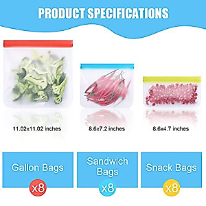 Reusable Food Storage Bags- 10 Pack Leakproof Reusable Freezer Bags (3 Reusable Gallon Bags +4 Reusable Sandwich Bags + 3 Reusable Snack Bags)，Silicone Food Bags for Meat Fruits and Vegetables.