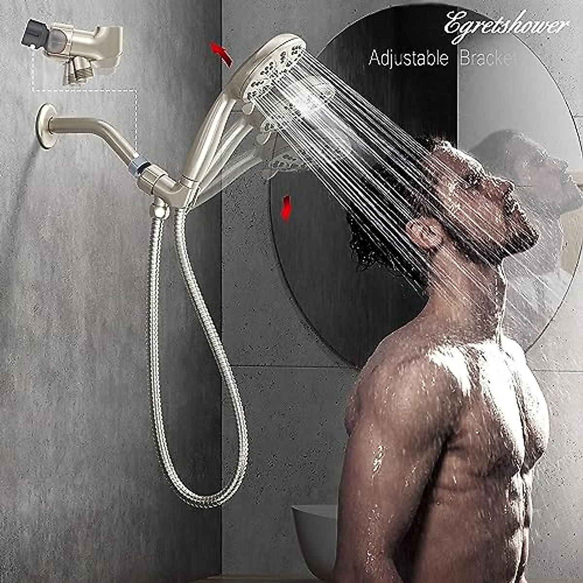 Egretshower Handheld Shower Head High Pressure 6-Setting Spray Detachable 4.3" Hand Held Rain Showerhead with long Stainless Steel Hose and Adjustable Bracket - Brushed Nickel